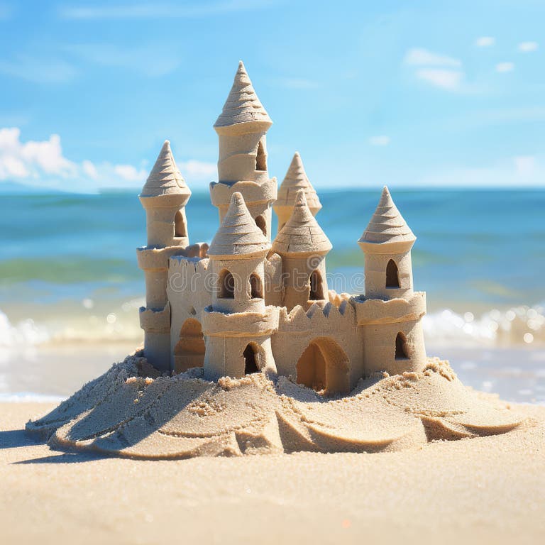 Sun Drenched Shore Features Elaborate Sandy Creation Stock Illustration - Illustration of ocean ...