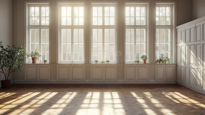 Sun-drenched, Spacious Room with Large Windows Stock Illustration ...