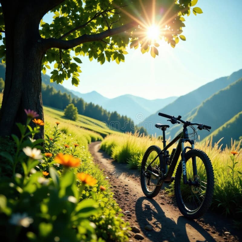 Sun Drenched Trails, Lush Green Fields, Mountain Bikes Parked ...