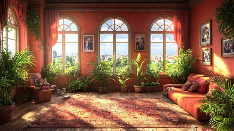 Sun-drenched Vintage Living Room with Plants Stock Illustration ...