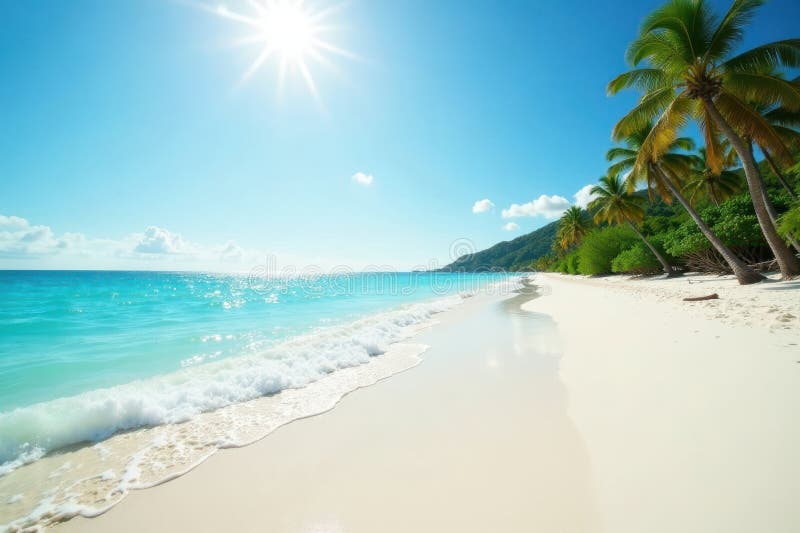 Sun Drenched White Sand, Turquoise Waves Lapping Shore, Bright, Ocean ...
