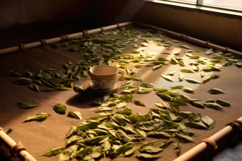 Sun-drying Tea Leaves on a Large Woven Mat Stock Illustration ...