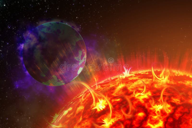 Sun and Earth in the Depths of Space. Scheme of Solar Radiation and ...