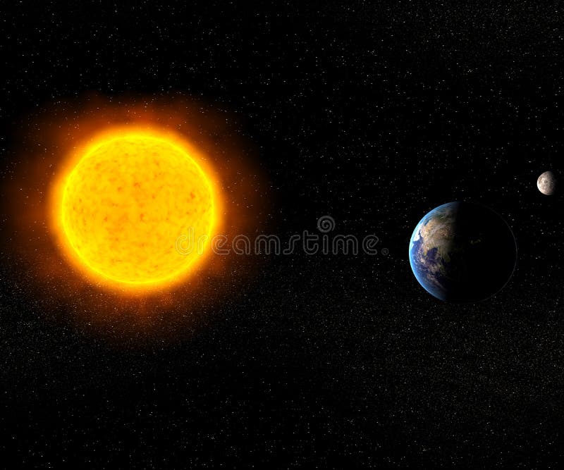 Sun with Earth and Moon stock illustration. Illustration of outer ...