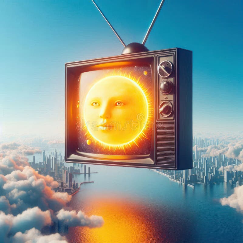 Sun with Face on Retro TV Screen in the Sky Over the City. Stock Photo ...