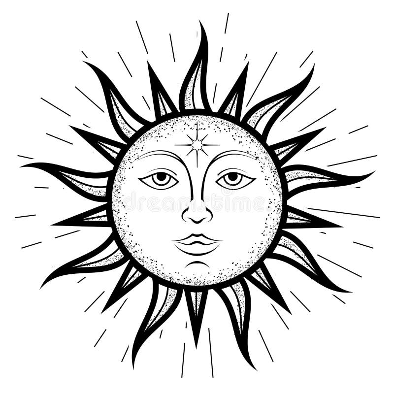 Sun Face Symbol with Wavy Rays, Vintage Style Sunshine Stock Vector ...