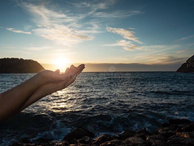 The Sun on Female Hand. Hand is Holding Sun Stock Photo - Image of ...