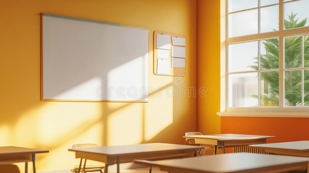 Sun-Filled Elementary Classroom with Large Windows, Whiteboard, and ...
