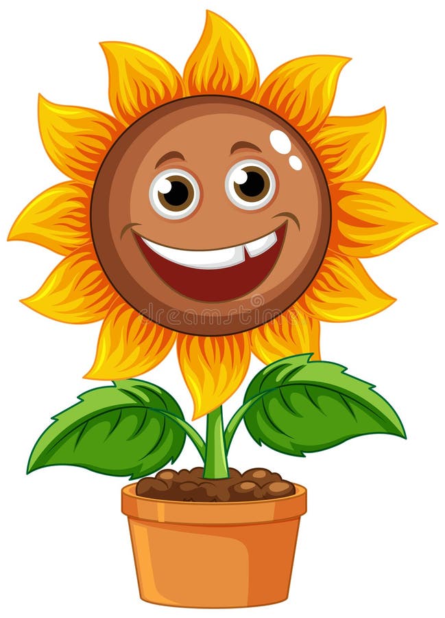 Sun Flower Cartoon in Pot with Smiley Face Stock Vector - Illustration ...