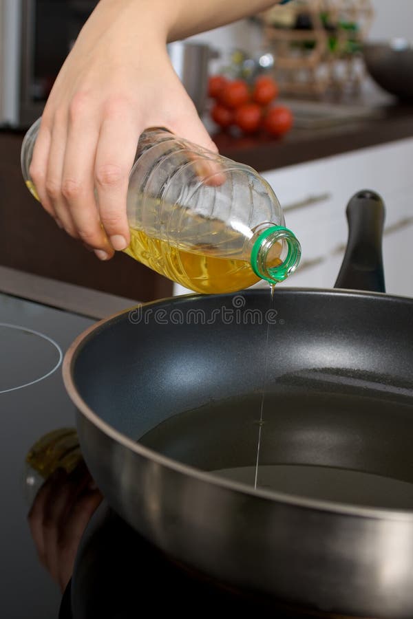 Oil Being Poured into a Non-stick Pan for Cooking Stock Image - Image ...