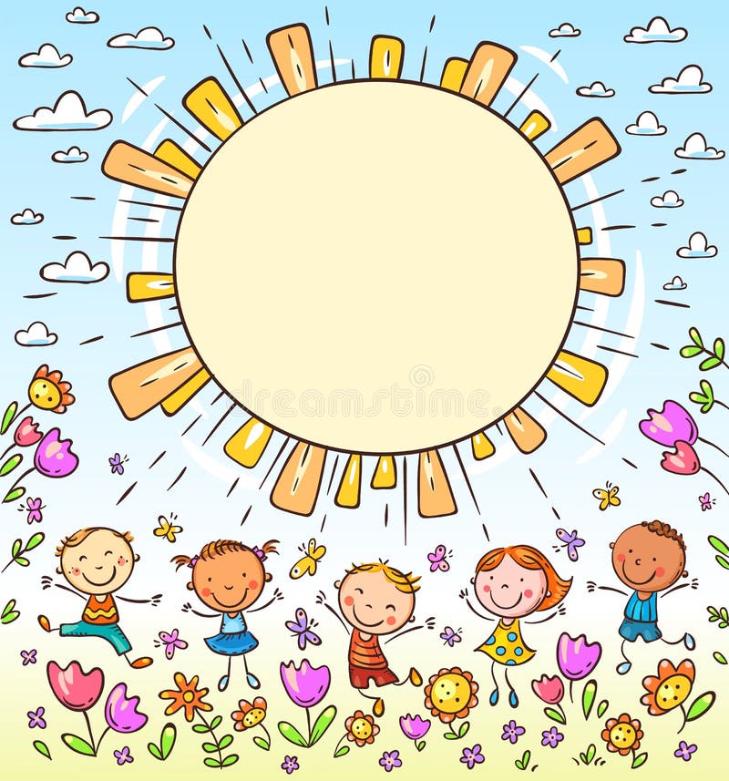 Six Happy Doodle Kids in a Row Stock Vector - Illustration of ...