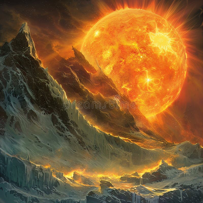 A Sun with a Frozen Surface Orbiting Ice Planets Glowing with Internal ...
