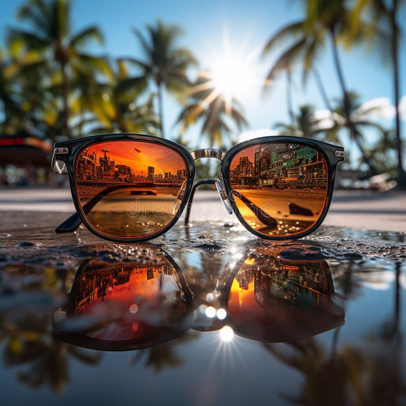 Sun Glasses with Tropical Beach Reflection. Summer Concept, Sunglasses ...