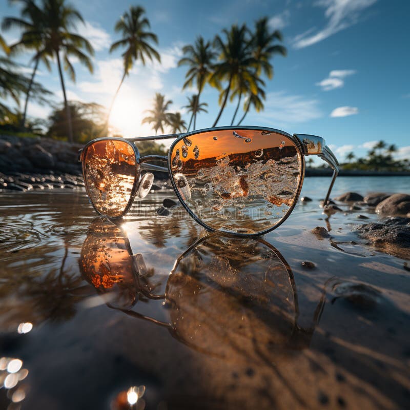 Sun Glasses with Tropical Beach Reflection. Summer Concept, Sunglasses ...