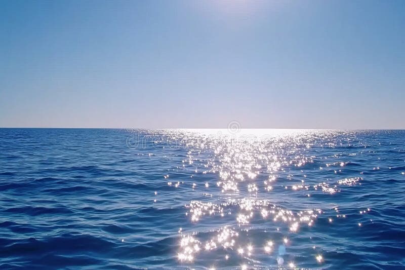 Sun Glitter Reflecting on Calm Blue Ocean Surface with Clear Sky Stock ...