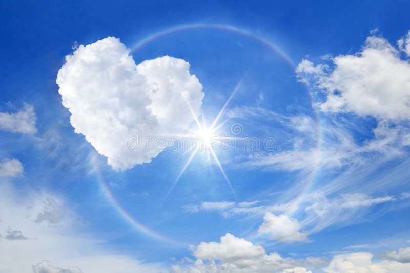 Sun Halo with Heart Cloud on the Blue Sky, Cloud Shaped Heart on Blue ...
