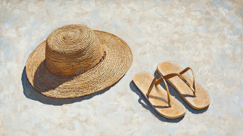 Sun Hat Paired with Matching Flip-flops on a Light Sandy Texture Stock ...