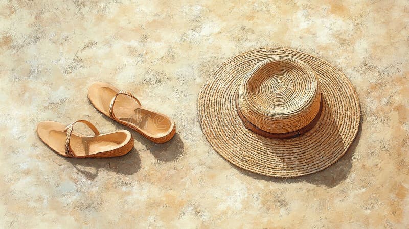 Sun Hat Paired with Matching Flip-flops on a Light Sandy Texture Stock ...