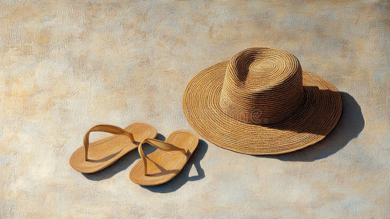 Sun Hat Paired with Matching Flip-flops on a Light Sandy Texture Stock ...