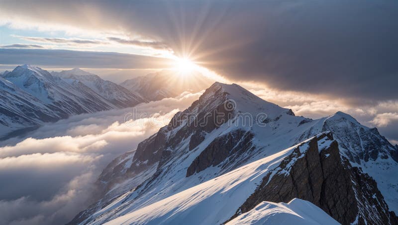 Sun Hitting Mountaintop Just Above Low Cloud Layer Revealing Jagged ...