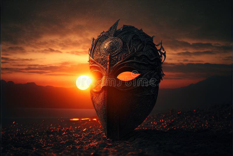 The Sun on the Horizon and a Mask of a Hero Generative AI Stock ...