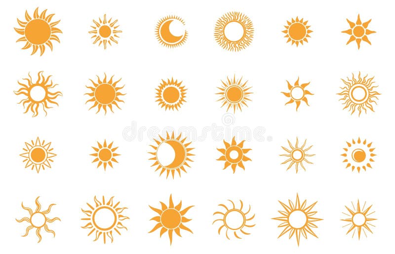 Sun Icon Set. Sunny Symbols. Rays Moon Shiny Star. Suns in Different ...