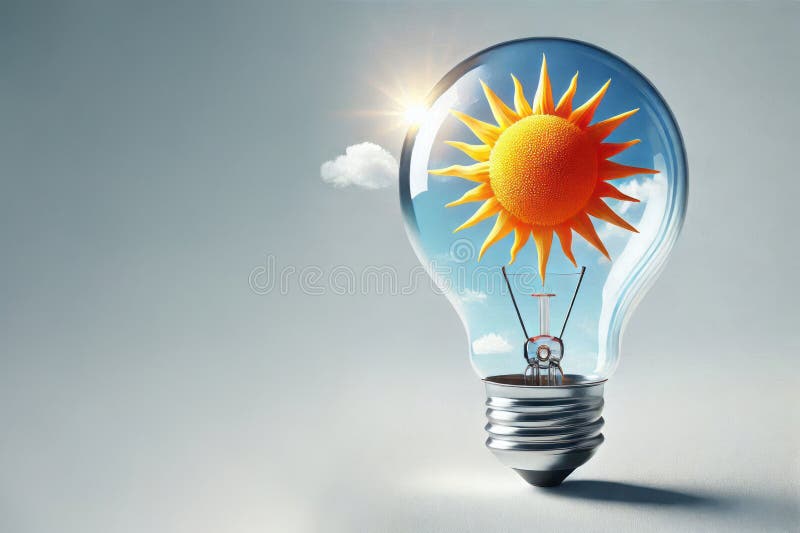 The Sun Inside a Light Bulb Against the Sky. Space for Text. Stock ...