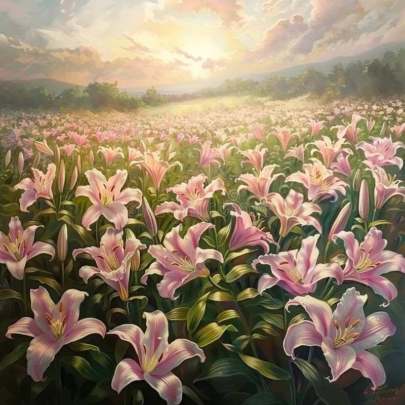 Sun Kissed Lilies a Field in Full Bloom Stock Illustration - Illustration of landscape, peaceful ...