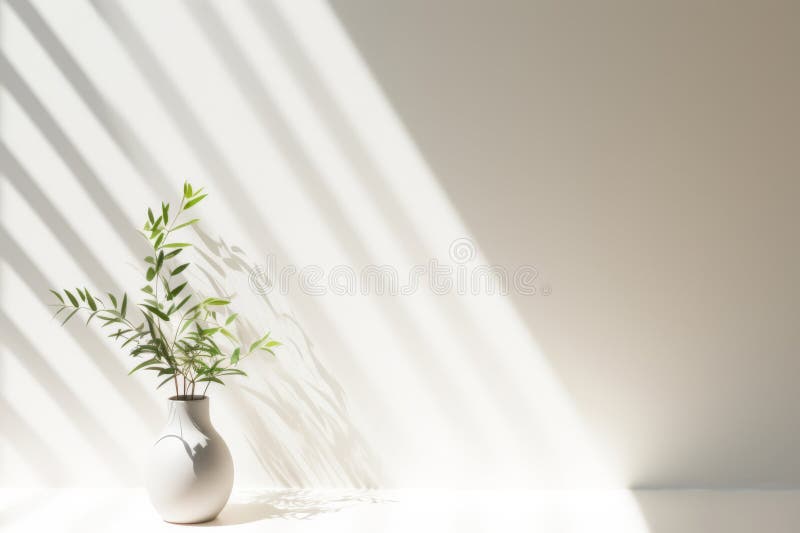 Sun Light and Soft Shadows Falling on White Wall and Table with Vase ...