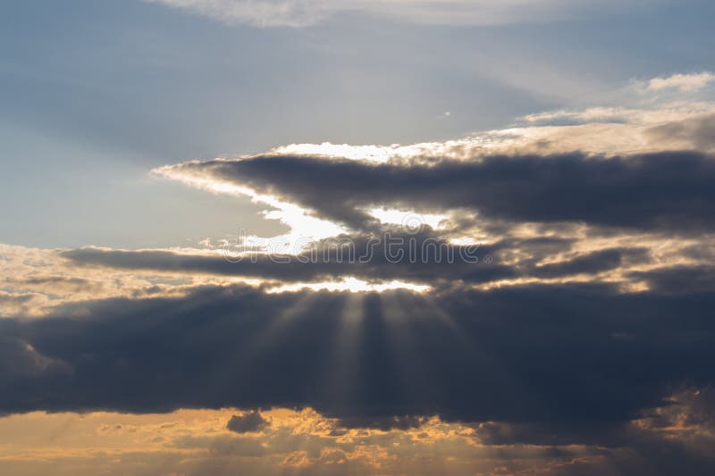Sun Lights Coming through Clouds. Skyscape at Sunset Stock Image ...