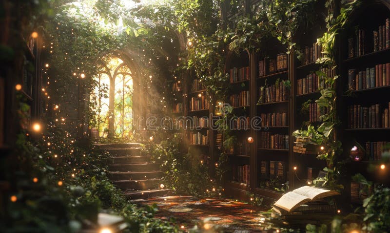 Enchanted Forest Library, Sunlit Magic Stock Photo - Image of knowledge ...