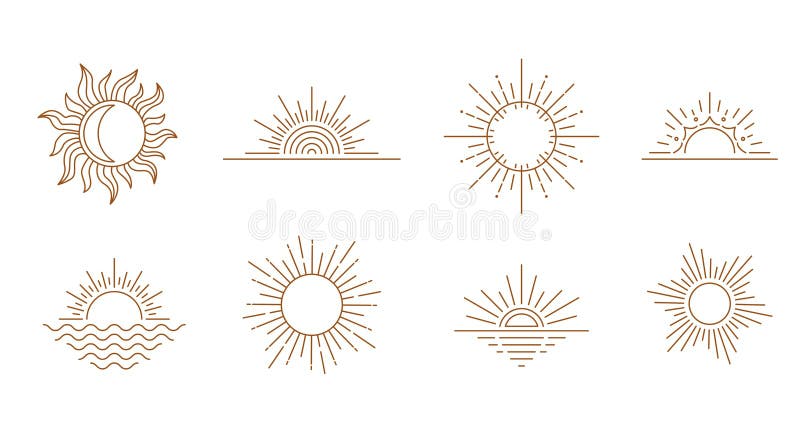 Sun Logo Design in Simple Modern Line Style. Boho Element Vector Set ...
