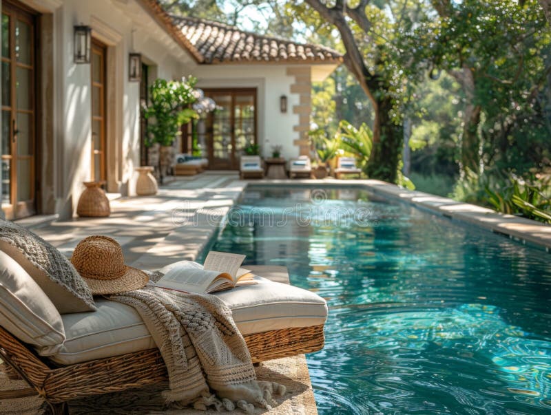 A Sun Lounger by the Pool, Backyard House Stock Image - Image of modern ...