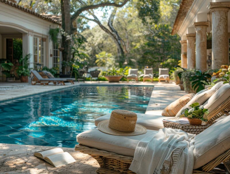 A Sun Lounger by the Pool, Backyard House Stock Photo - Image of ...