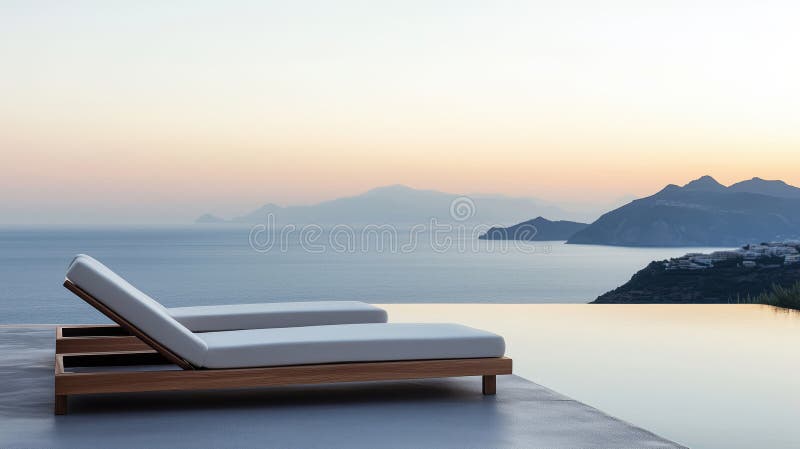 Sun Loungers on the Poolside Terrace with Sunset Coastal Views. Stock ...