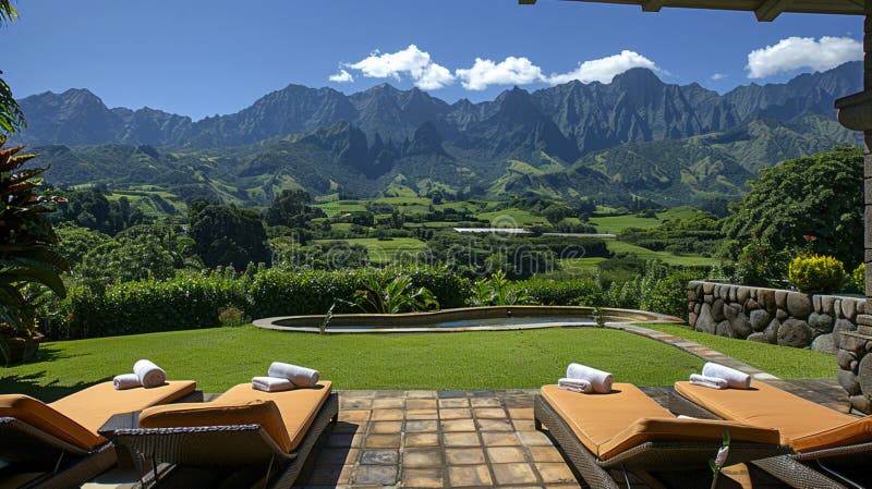 Sun Loungers on the Sun Bathing Deck with Landscaped Mountains Stock ...
