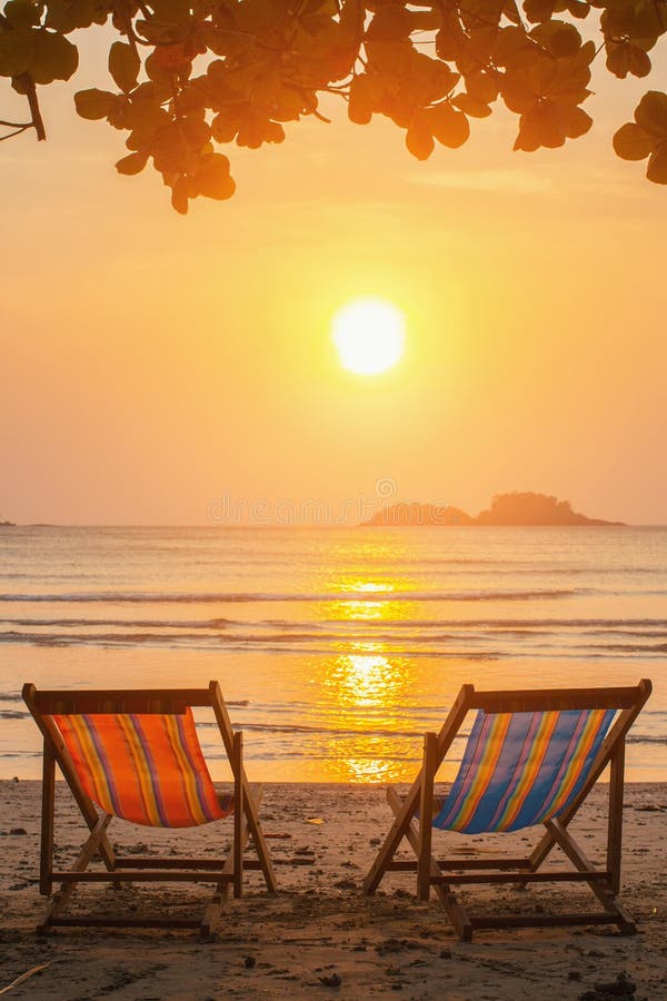 Sun Loungers on the Beach during Sunset. Relax. Stock Photo - Image of ...