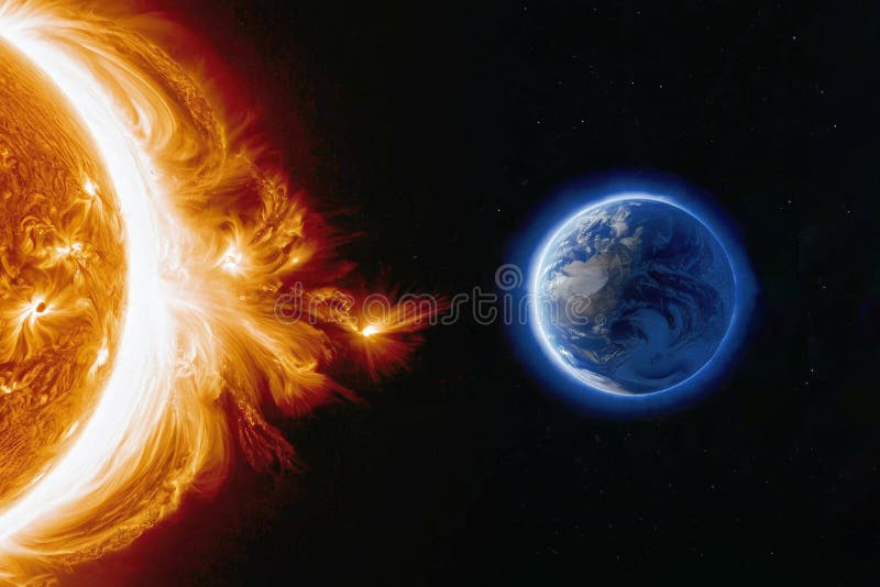Sun with Magnetic Storms, Earth. Plasma Flash on the Surface of a Our ...