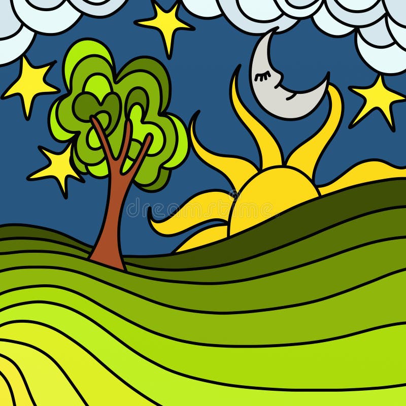 Sun moon and tree stock illustration. Illustration of cloud - 29635691