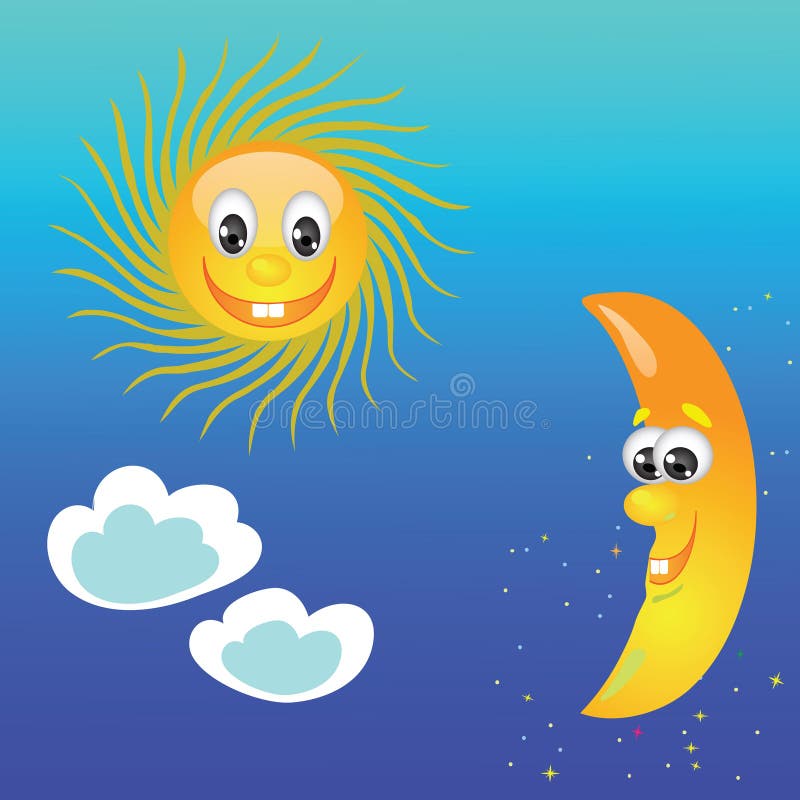 Sun Moon and Stars Characters. Cute Sky Cartoon Symbols, Moon, Star and ...