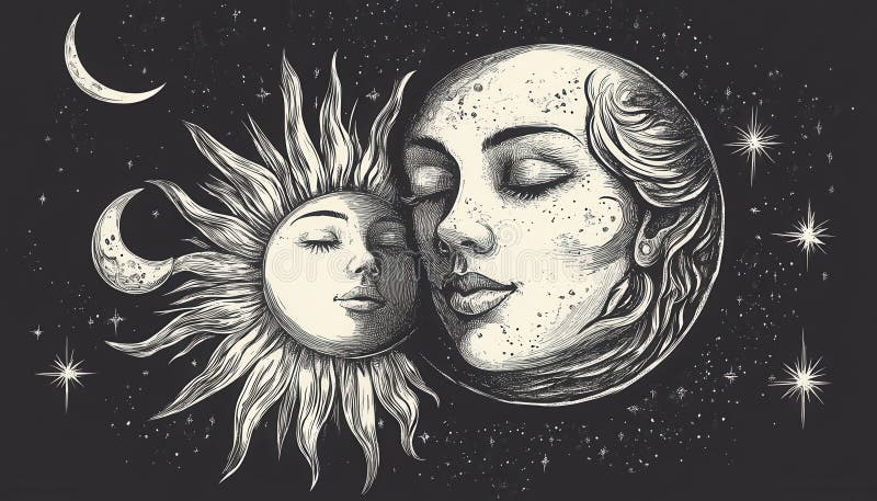Sun and Moon Embrace in Celestial Artwork Featuring a Serene Face Stock ...