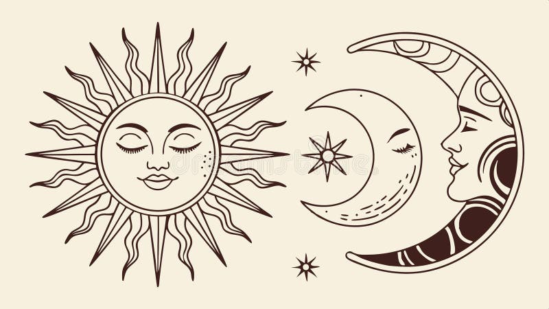 Sun and Moon Face Design, Anthropomorphic Celestial Art Vector Design ...