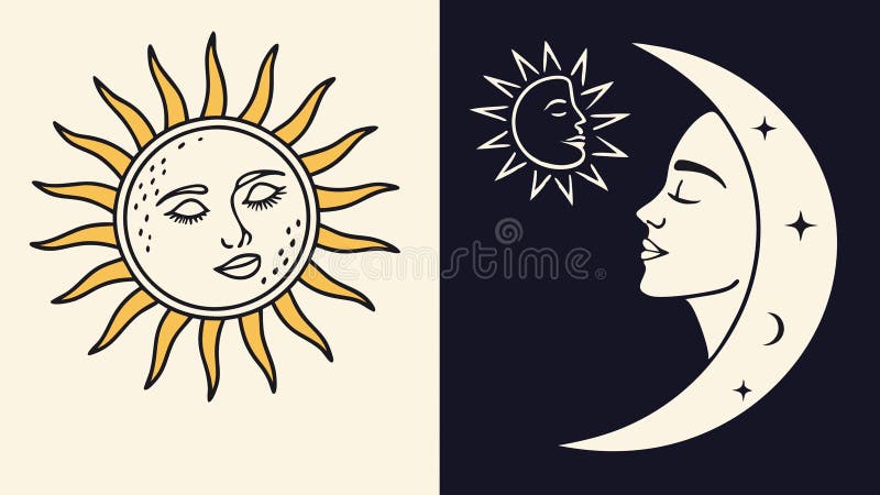 Sun and Moon Face Design, Celestial and Cosmic, Day and Night Vector ...
