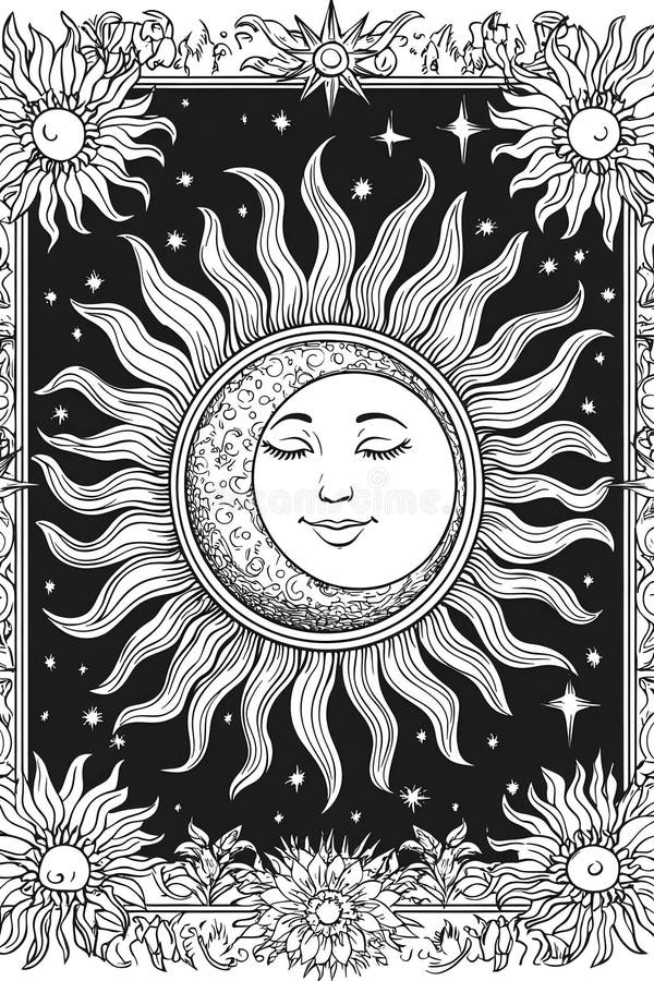 Black and White Sun and Moon Illustration with Floral Patterns Stock ...