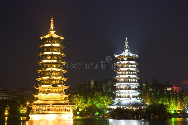 Sun and Moon Pagodas, Guilin, China Stock Image - Image of twins ...