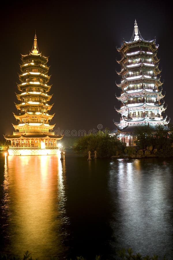 Sun and Moon Pagodas, Guilin, China Stock Photo - Image of moon, guilin ...