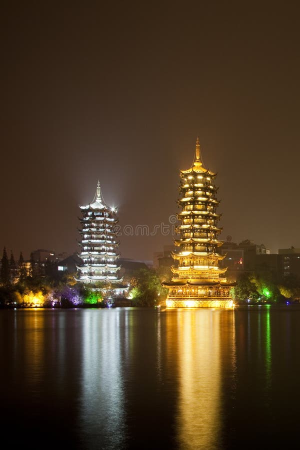 Sun and Moon Pagodas in Guilin, China Editorial Image - Image of china ...