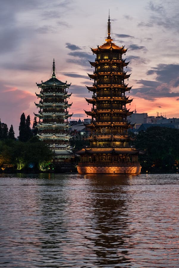 Sun and Moon Pagodas in Guilin, China. Stock Photo - Image of guilin ...