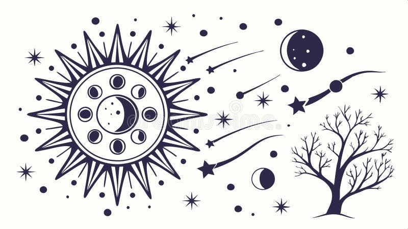 Sun and Moon Phases Tree, Celestial and Nature Cycle Illustration ...