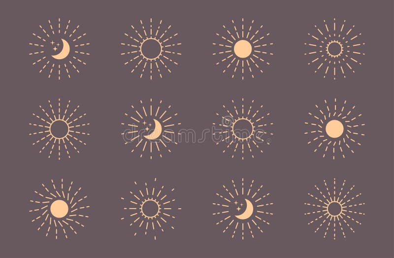 Sun Moon Rays Decorative Frames, Sunburst Rays Design Elements, Thin ...